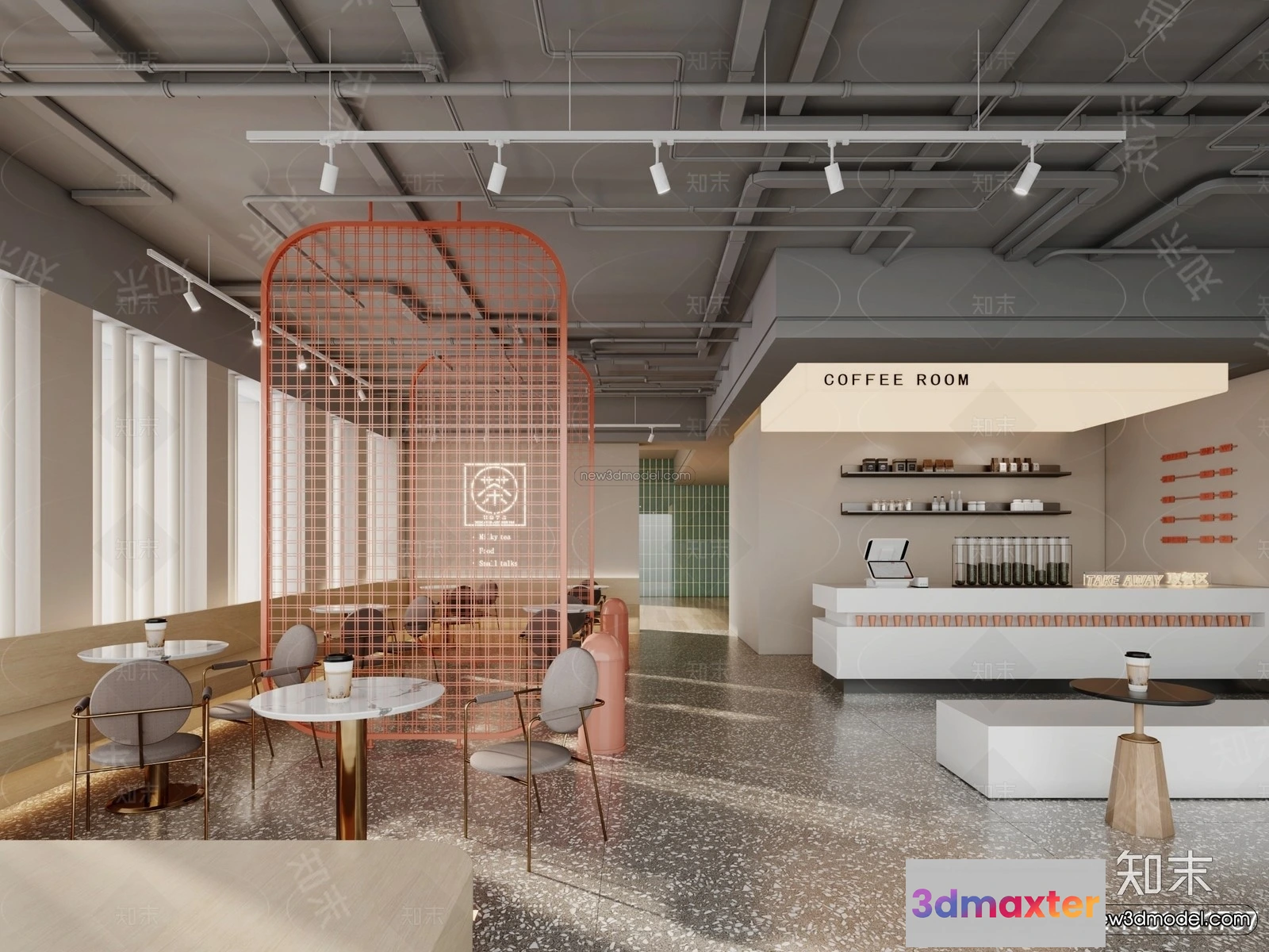 Modern Style Interior 3D Blocks and 3D Models - Coffee Shop 3D Scene ...